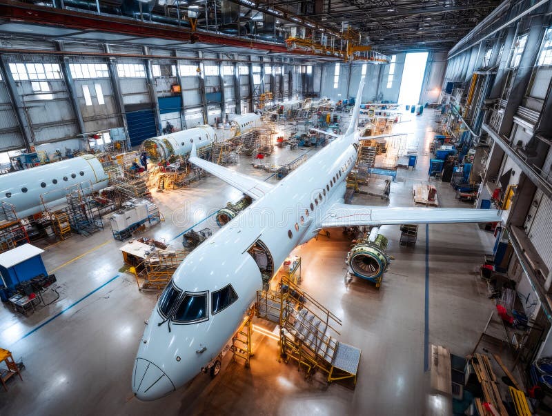 Aircraft Assembly Line in a Large Hangar with Workers and Tools ...