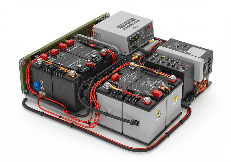 Aircraft Battery System with Gray Components and Red Terminals on White ...