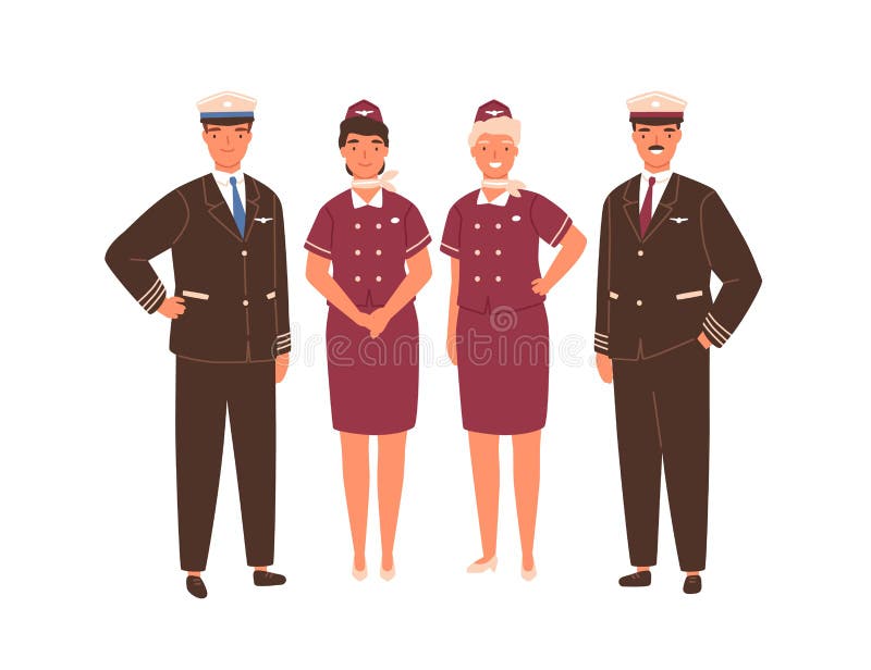 Aircraft Captain, Pilot Assistant and Stewardesses Standing in Uniform ... Aircraft Captain, Pilot Assistant and Stewardesses Standing in Uniform ...