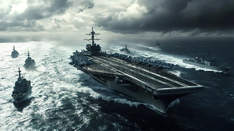 Aircraft Carrier and Escort Ships Sailing in Rough Seas Stock Image ...