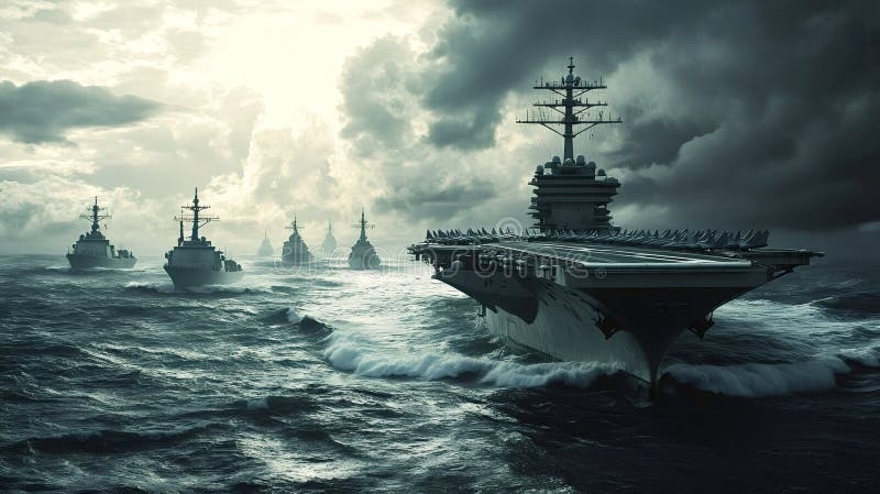 American Aircraft Carrier and Warships Sailing in the Ocean Stock Photo ...