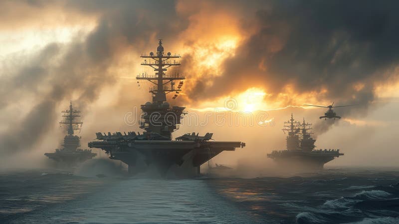 Aircraft Carriers Patrol the Ocean at Dawn Stock Photo - Image of ...