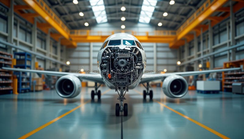 Aircraft Engine Assembly in Hangar. Airplane Parts Show Precise Tech ...