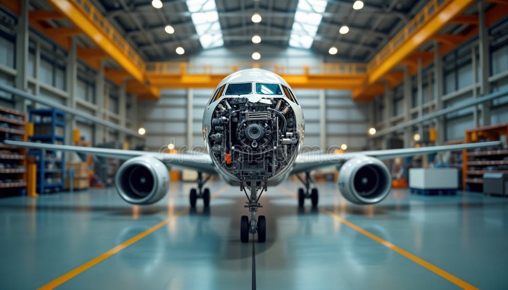 Aircraft Engine Assembly in Hangar. Airplane Parts Show Precise Tech ...