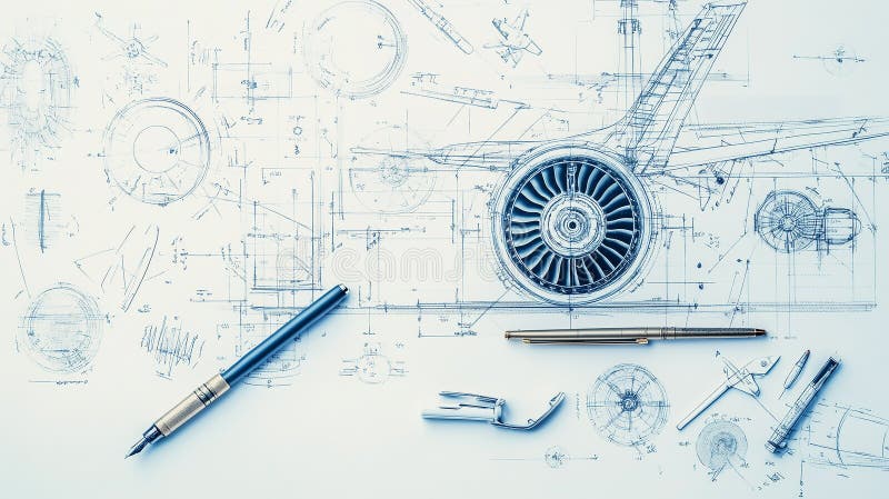 Aircraft Engine Blueprint with Engineering Tools Stock Illustration ...