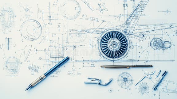 Aircraft Engine Blueprint with Engineering Tools Stock Illustration ...
