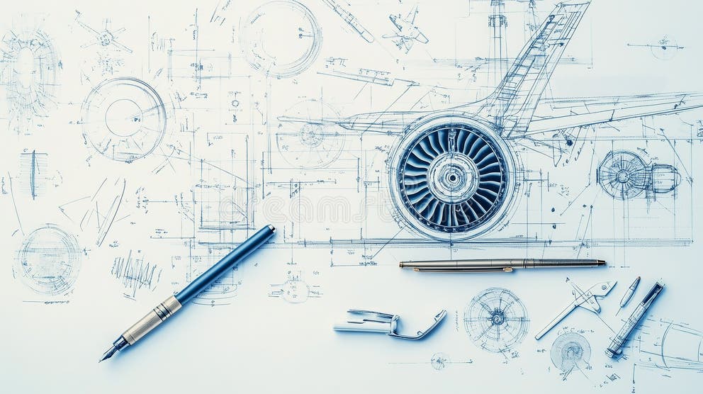 Aircraft Engine Blueprint with Engineering Tools Stock Illustration ...
