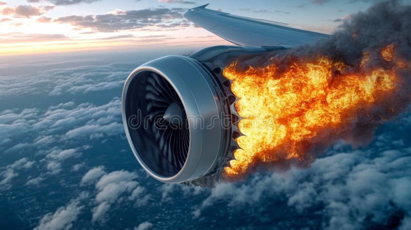 Aircraft Engine Fire, Catastrophic Failure Mid-Flight, Aviation Danger ...