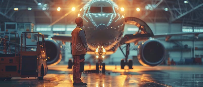 Aircraft Engineer Standing in Hangar in Front of Airplane Stock Image ...