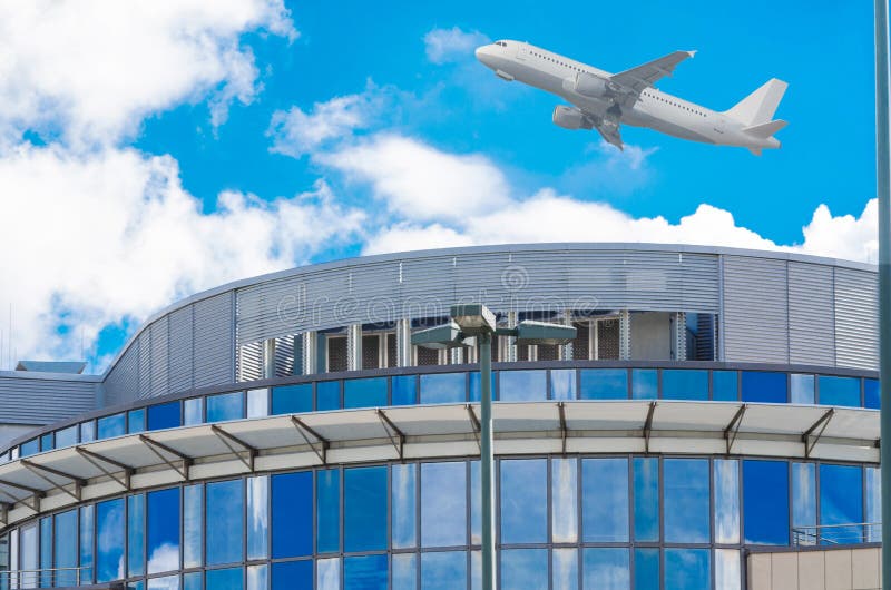 Aircraft Flies Over Office Building. Stock Image - Image of building ...