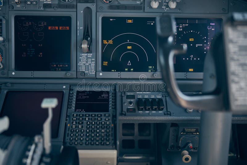 Aircraft Flight Deck with Control Column and Flight Displays Stock ...