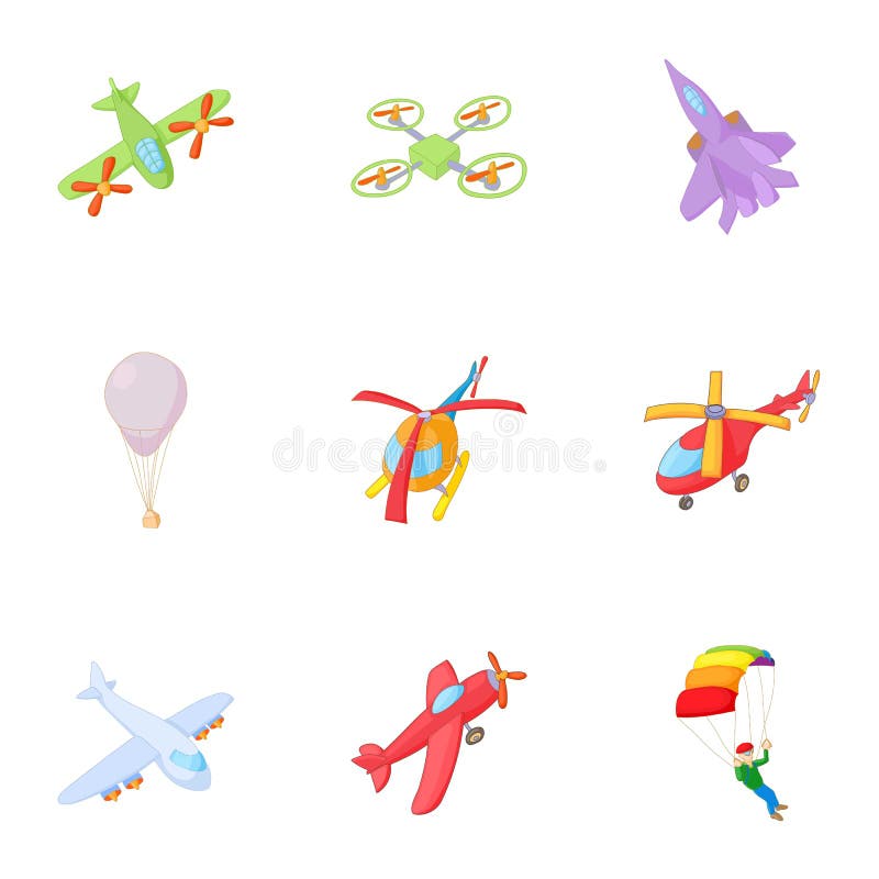 Aircraft Icons Set, Cartoon Style Stock Vector - Illustration of flight ...