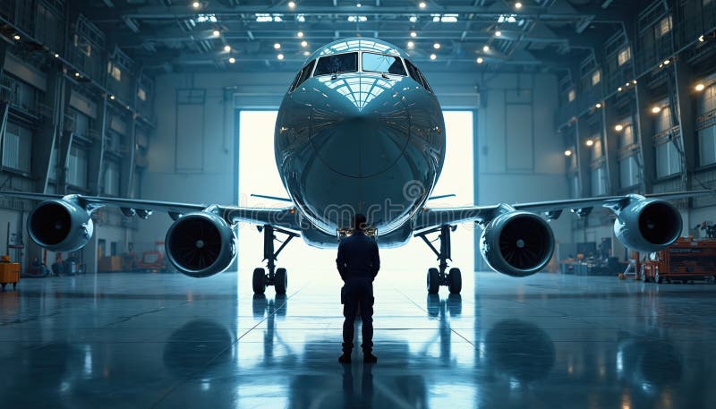 Aircraft Maintenance Worker Stands before Passenger Plane Inside Hangar ...