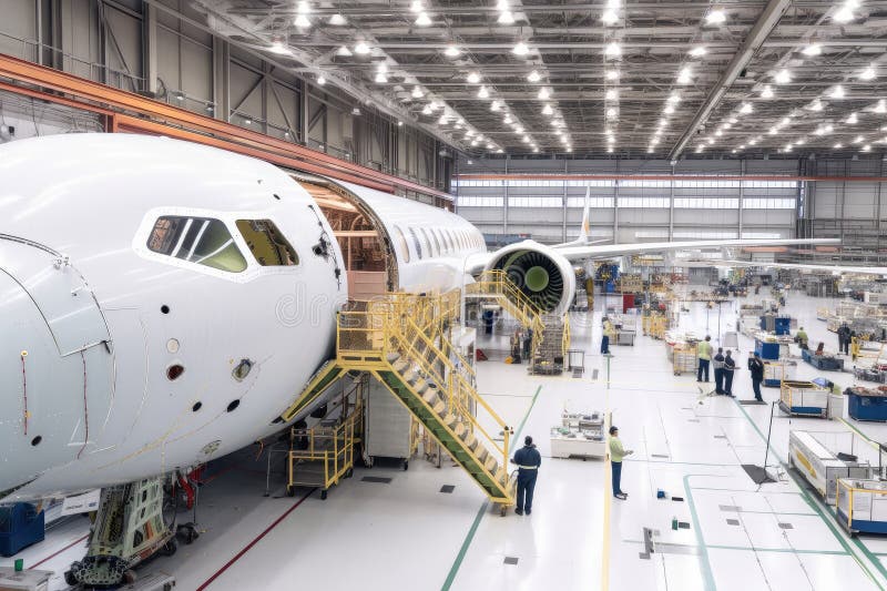 Aircraft Manufacturing Plant, with Team of Engineers and Technicians ...