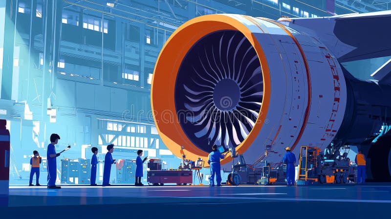 Aircraft Mechanics Performing Maintenance on a Massive Jet Engine Stock ...