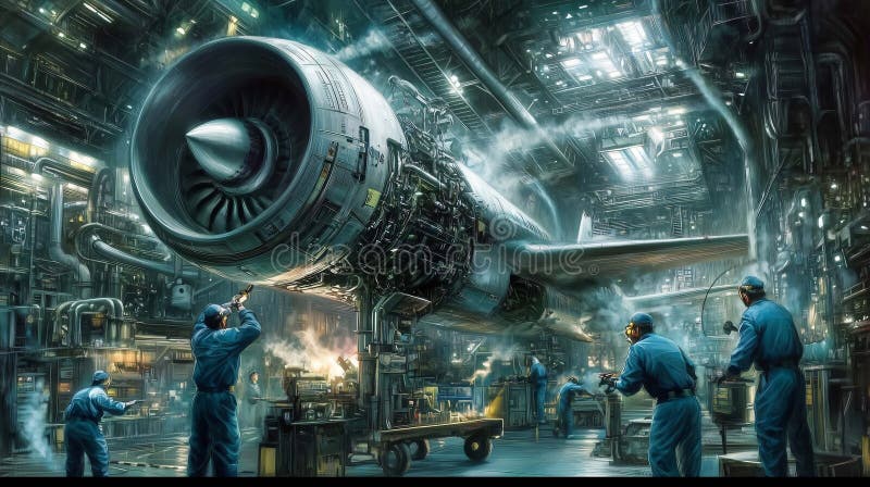 Aircraft Mechanics Performing Maintenance on a Large Jet Engine in a ...