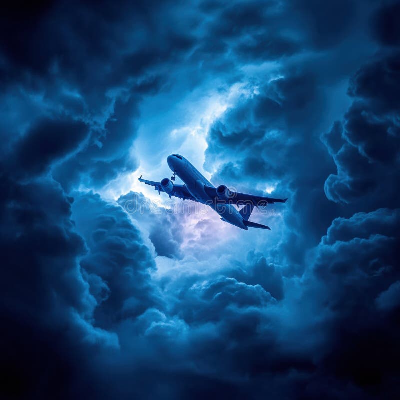 Flight through Stormy Clouds at Twilight Under Darkened Skies with ...