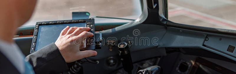 Aircraft Pilot Sitting in Cockpit and Using Flight Display Stock Image ...
