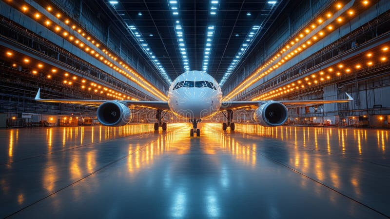 Modern Aircraft in a Large Manufacturing Facility Illuminated by ...