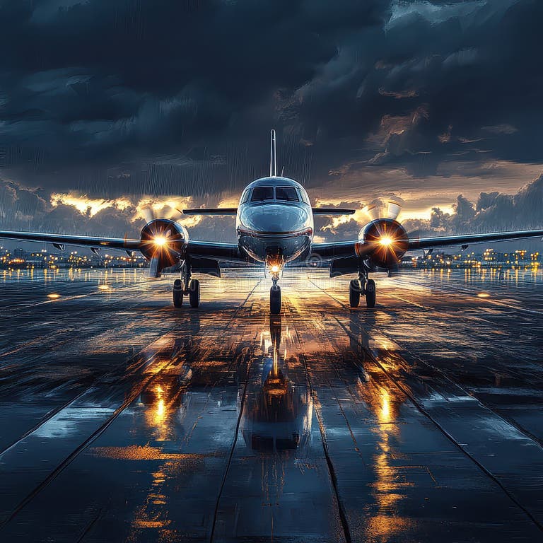 Aircraft on Runway with Dramatic Sky and Reflection at Dusk Stock Image ...