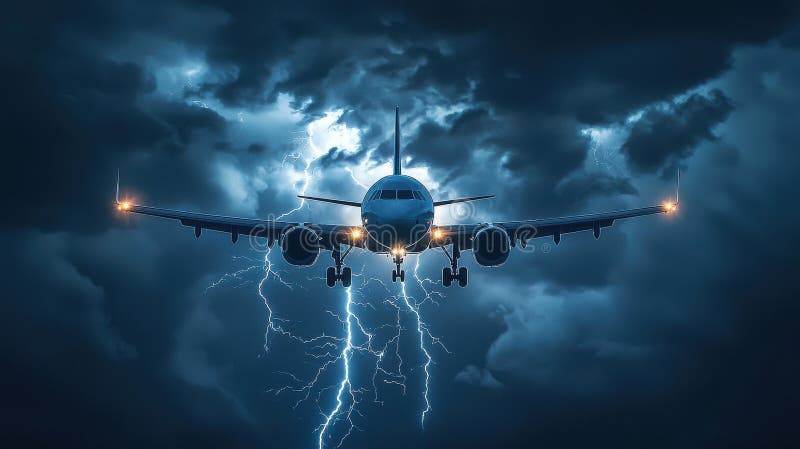 Aircraft in Stormy Sky with Lightning and Dramatic Clouds Above Stock ...