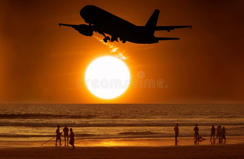 Aircraft Take Off and the Sunset and People on the Beach Stock Image ...
