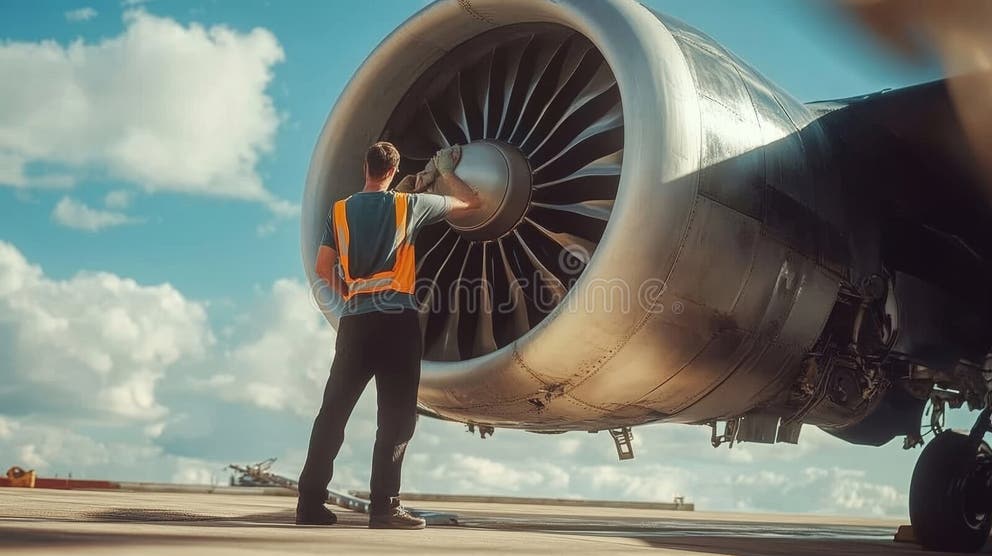 Aircraft Technician Performs Pre-Flight Engine Inspection, Ensuring ...