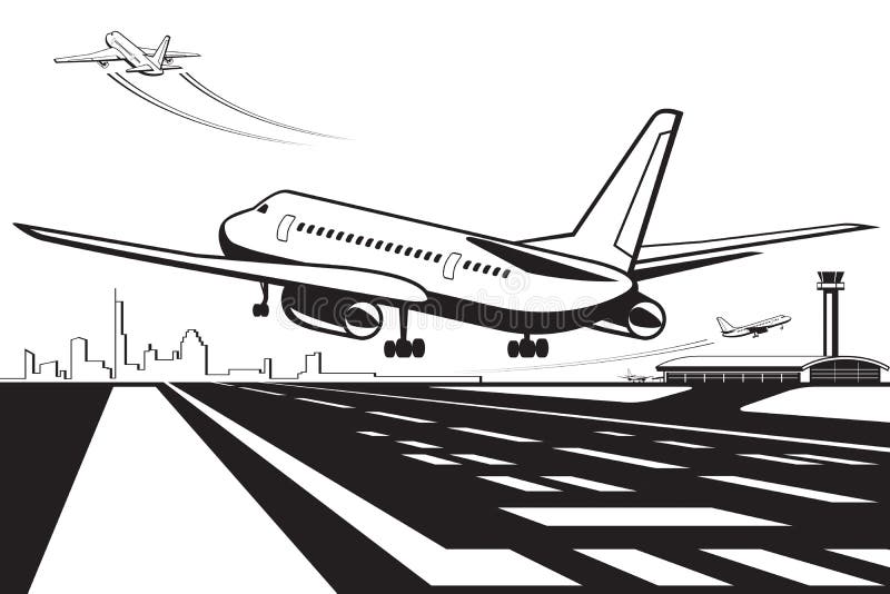 Aircraft Touchdown on Runway at Airport Stock Vector - Illustration of ...