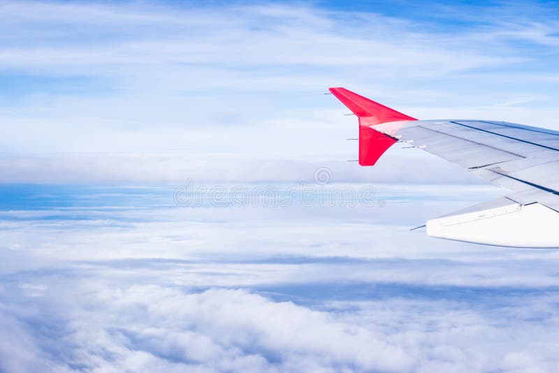 Aircraft Wing of Airplane Flying on Cloud and Bluesky Background Stock ...
