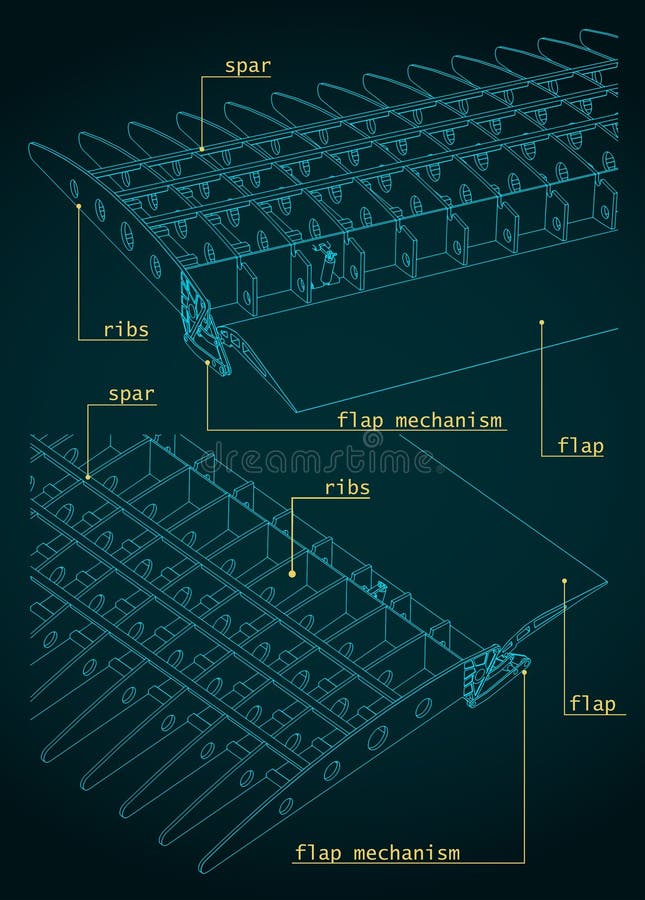Aircraft Wing Structure and Flaps Systems Drawings Stock Vector ...