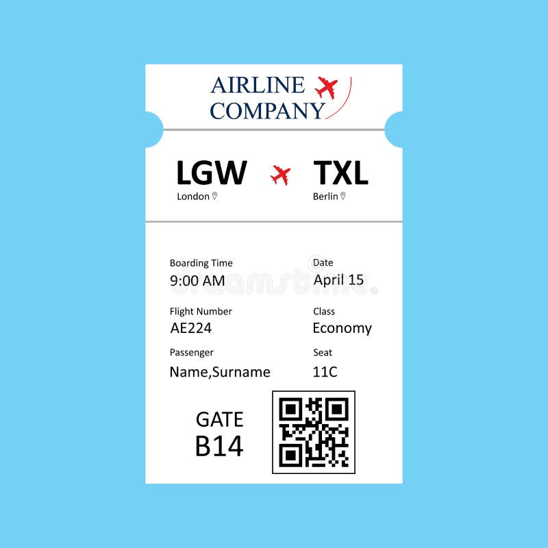 Airline Boarding Pass, Ticket Template with QR Code.Isolated on Blue ...