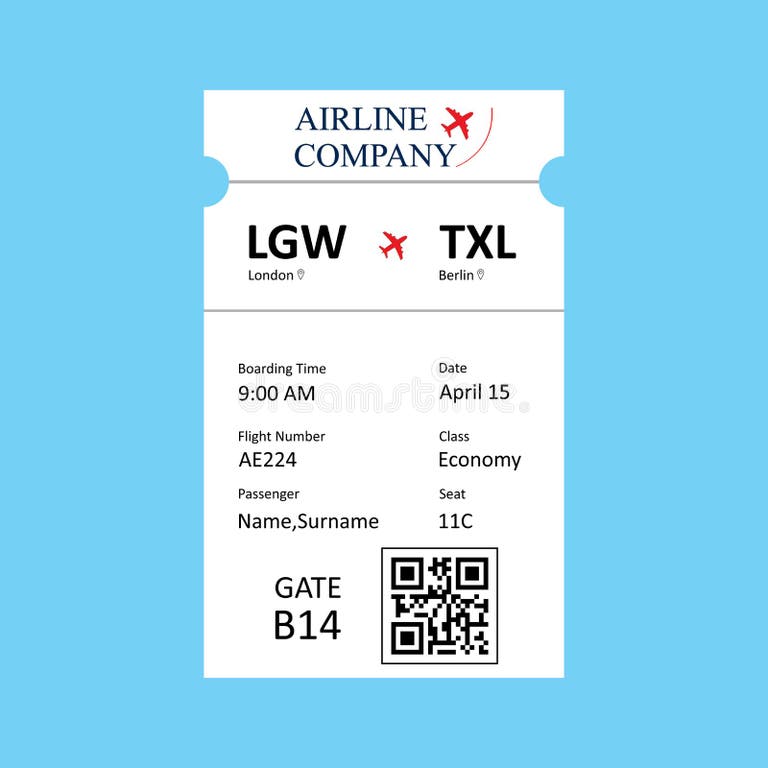 Airline Boarding Pass, Ticket Template with QR Code.Isolated on Blue ...