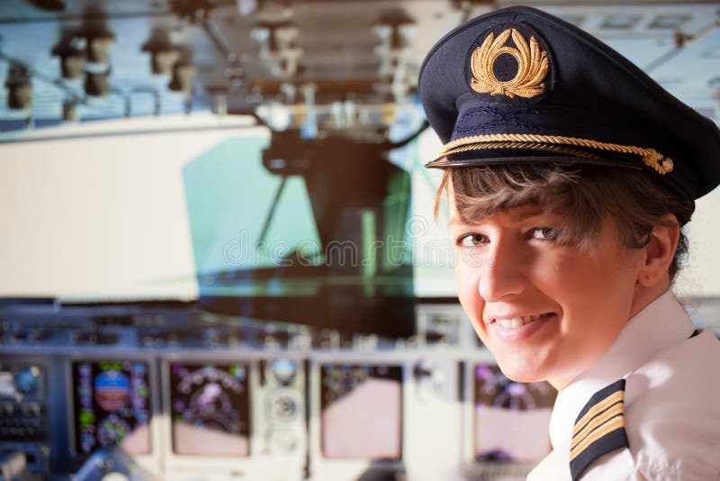 Female Pilot Ready for Take Off Stock Photo - Image of airliner, happy ...