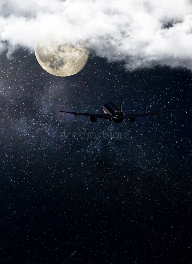 Airliner Flying in the Night, Starry Sky and Moon Stock Image - Image ...