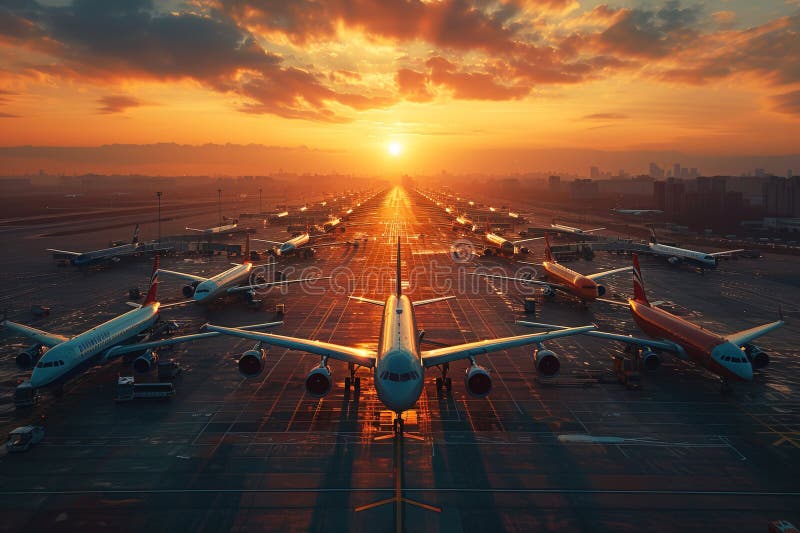 Airliners Planes Park on the Airfield at Sunset Ready for Takeoff ...