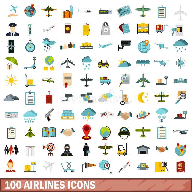 100 Airlines Icons Set, Flat Style Stock Vector - Illustration of ...