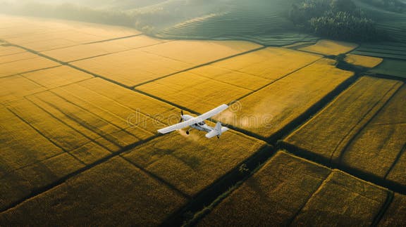 Aerial View of Airplane Flying Over the Rice Field in the Morning Stock ...