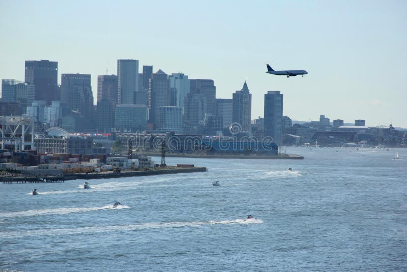 Airplane Above Boston Skyline Stock Photo - Image of apartment ...