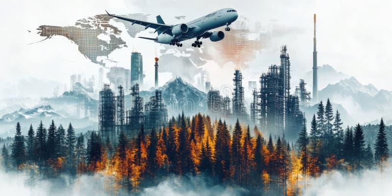 Airplane Above Industrial Cityscape Merging with Nature and Global Map ...