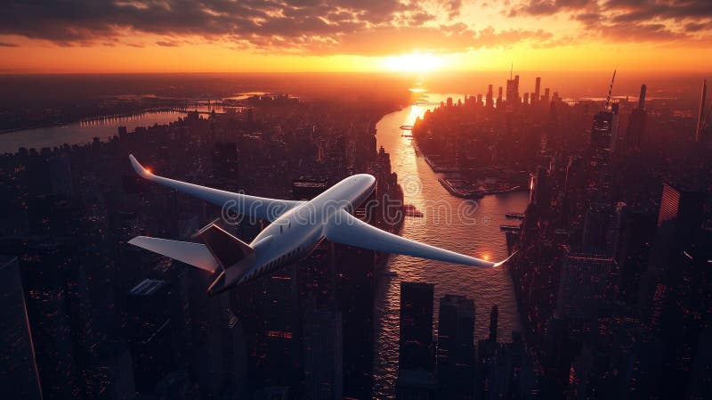 Airplane with Advanced Aerodynamic Design Gliding Above a City Skyline ...