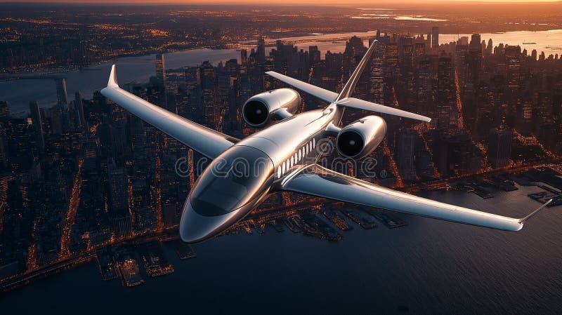 Airplane with Advanced Aerodynamic Design Gliding Above a City Skyline ...