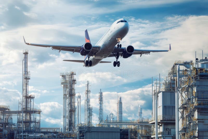 Airplane Flying Over an Industrial Area with Tall Structures and Clouds ...
