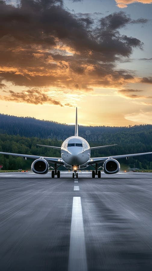 An Airplane Approaches the Runway Under a Vibrant Sunset Sky ...