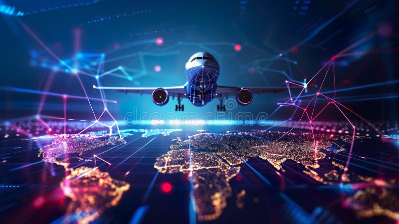Airplane Approaching Digital World Map with Network Graphics Stock ...