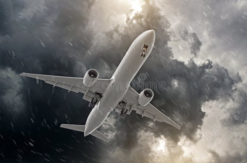 Airplane Approaching on a Landing in Bad Snow Weather. Stock Photo ...