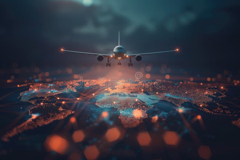 Airplane Approaching Runway Over Illuminated World Map Background ...