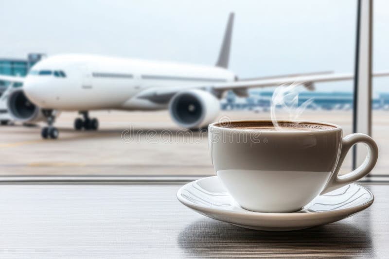 Airplane Background with Coffee Cup on Airport Table Stock Image ...