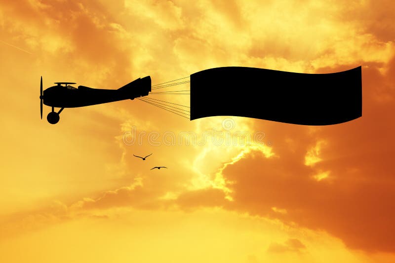 Airplane with Banner at Sunset Stock Illustration - Illustration of ...