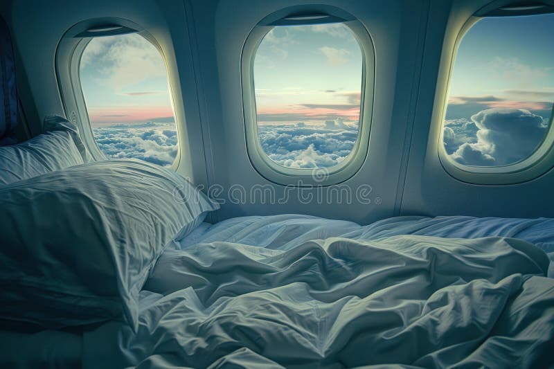 Empty Airplane Bed with a View of a Sunset Over Clouds Stock Image ...