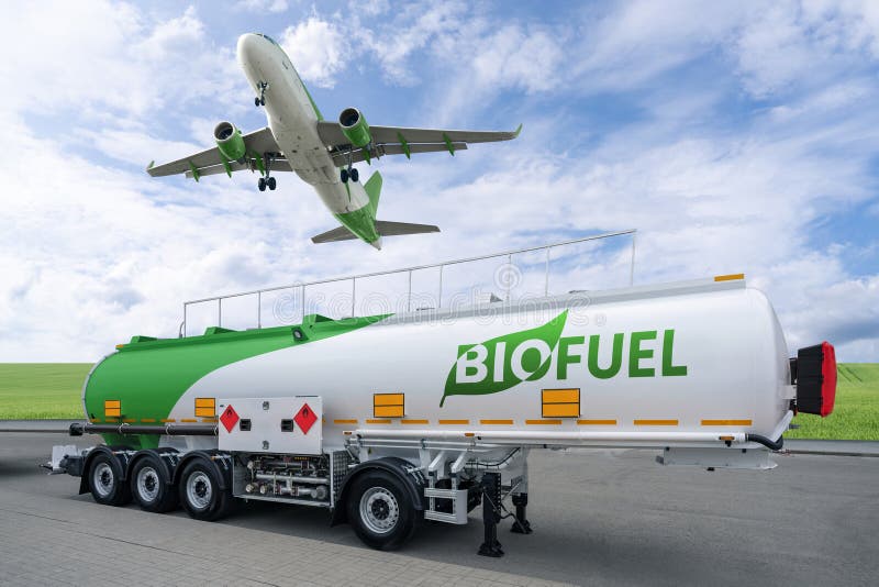 Airplane and Biofuel Tank Trailer. Decarbonization Concept Stock Image ...
